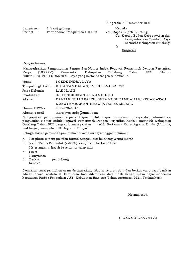 CONTOH SURAT LAMARAN PPPK (1) PAK INDRA | PDF