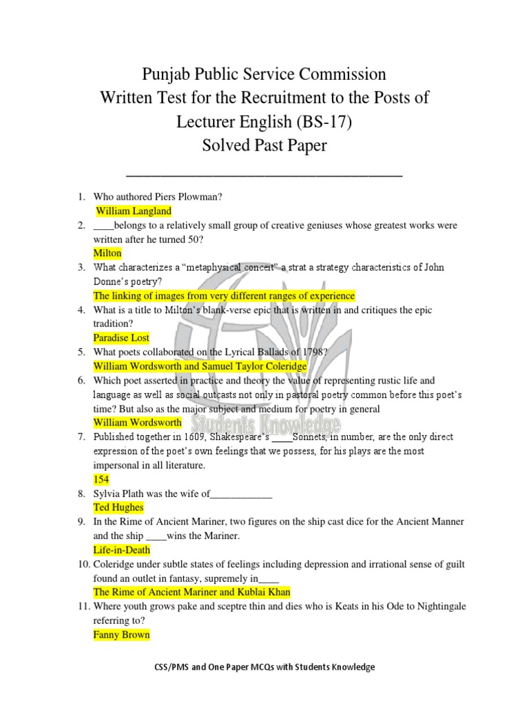 English Lecturer PPSC - Solved Paper | PDF | Linguistics | Phoneme English Lecturer PPSC - Solved Paper | PDF | Linguistics | Phoneme