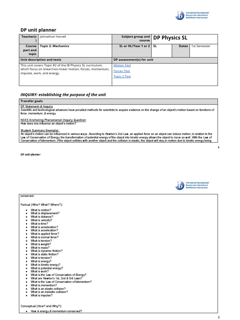 Mechanics Unit Plan - DP Physics | PDF | Force | Momentum