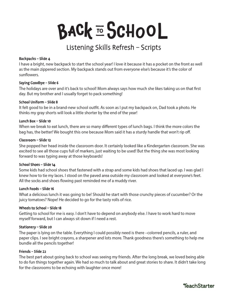 Back To School Listening Skill Refresh Activity Script | PDF | Language ...