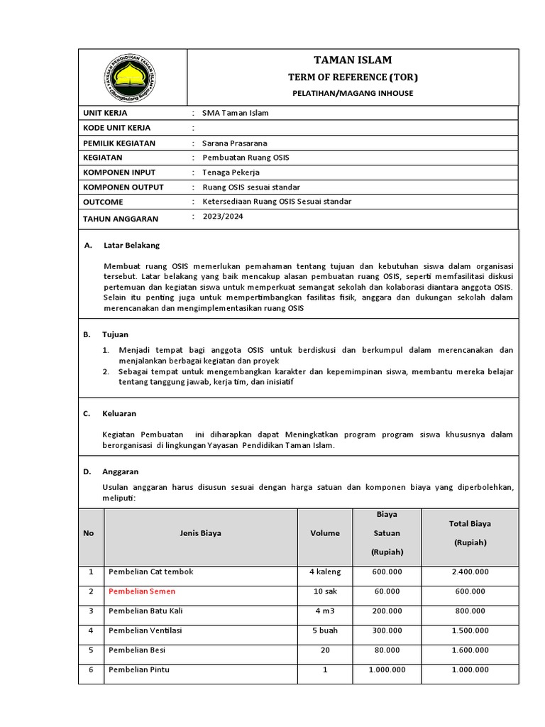 TOR Pembuatan Ruang Osis | PDF