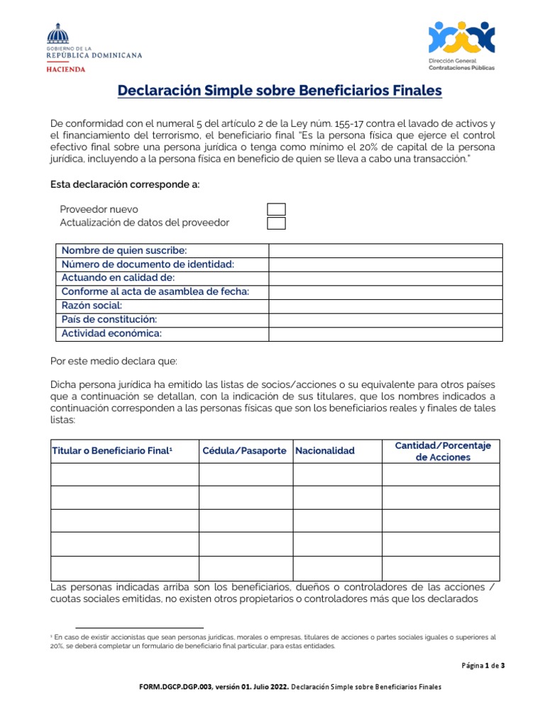 Declaración de Beneficiarios Finales | PDF | Lavado de dinero | Soborno