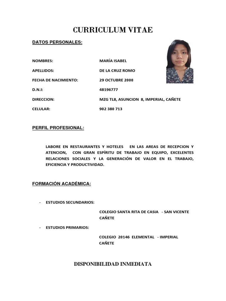 Curriculum Vitae: Disponibilidad Inmediata | PDF