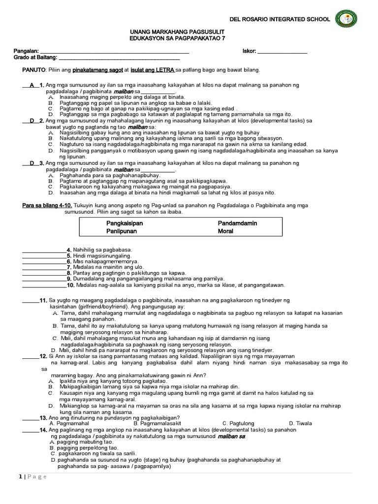 Q1 - EsP 7 - Periodical Exam | PDF