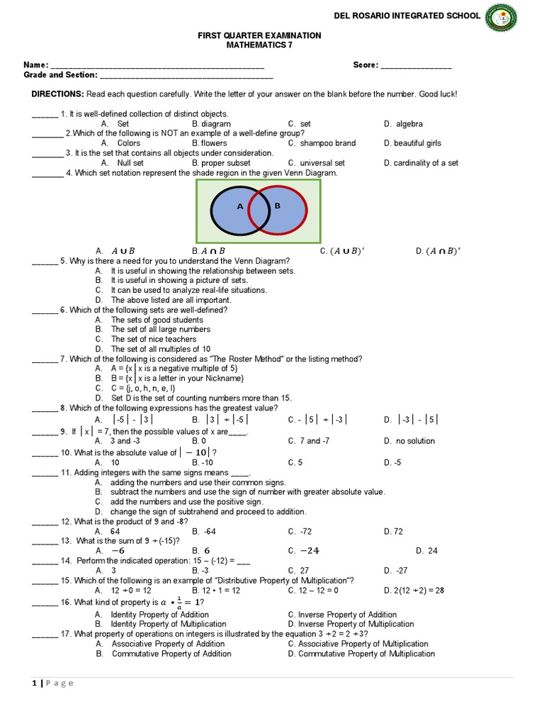Q1 - Math 7 - Periodical Exam | PDF | Set (Mathematics) | Subtraction