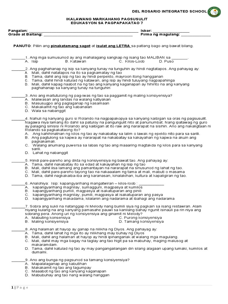 Q2 - EsP 7 - Periodical Exam | PDF