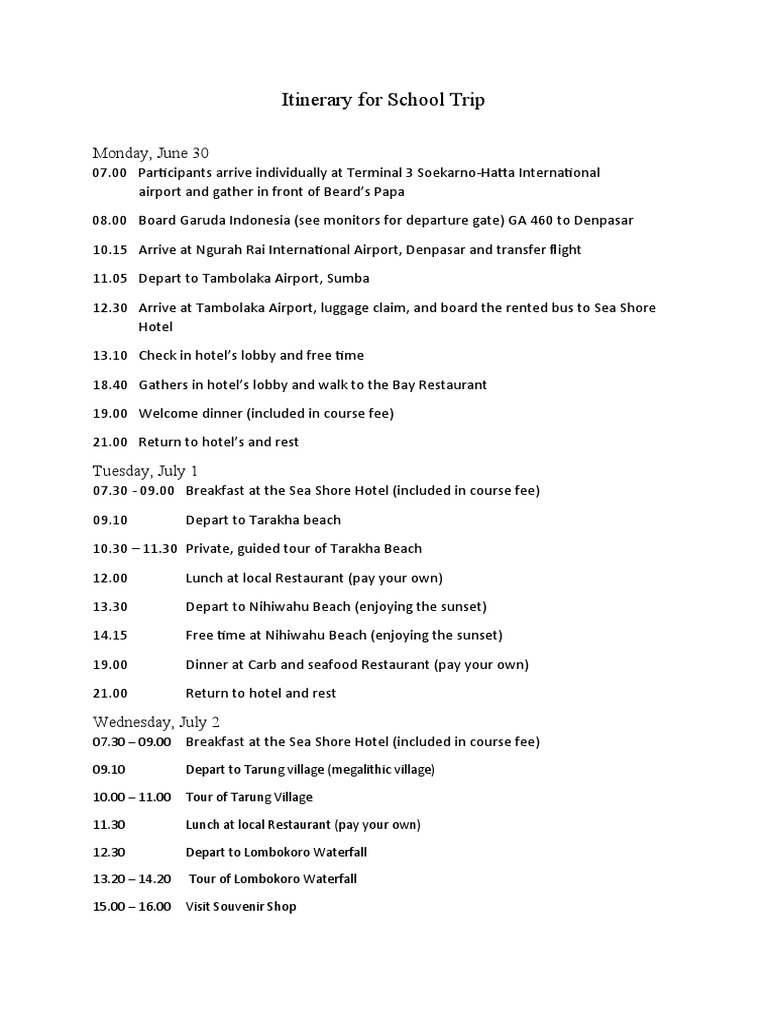 Itinerary For School Trip | PDF