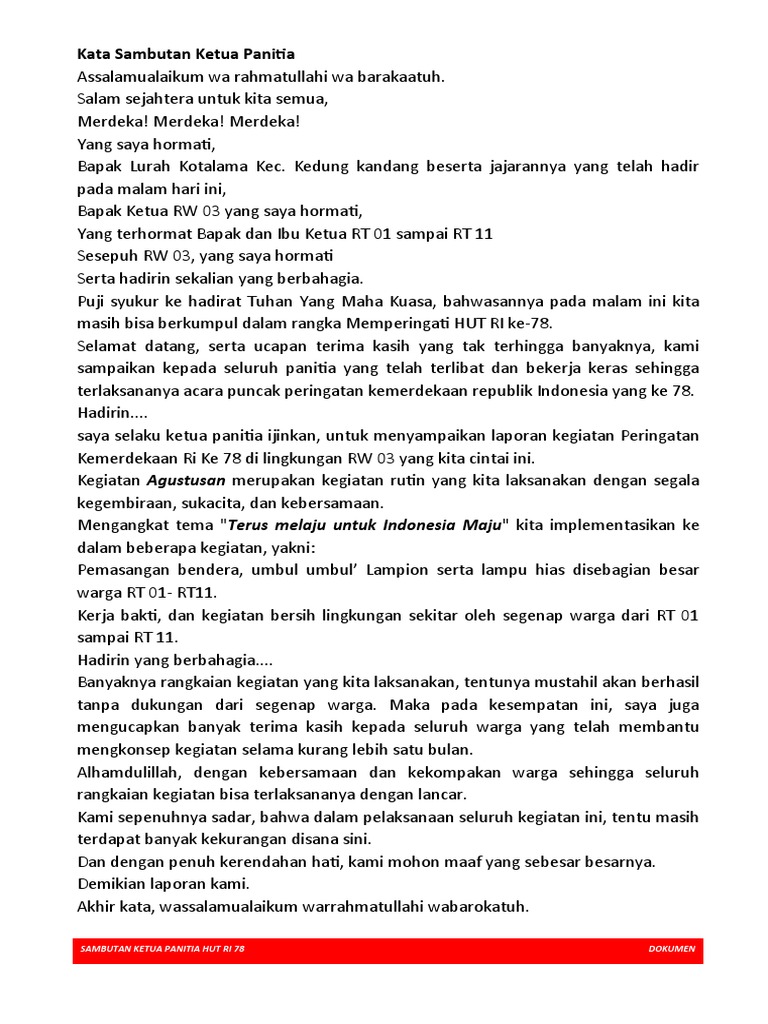 Kata Sambutan Ketua Panitia 17 Agustus | PDF