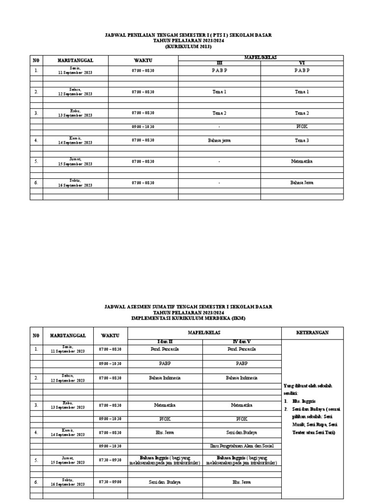 Jadwal PTS SD 2023/2024 | PDF