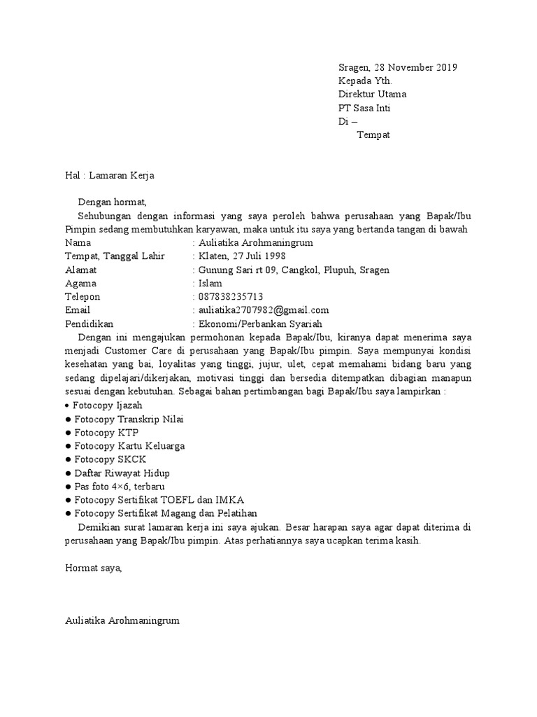 Surat Lamaran Sasa Inti | PDF