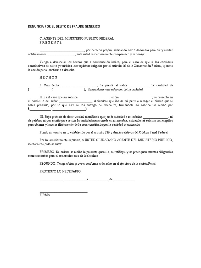 Denuncia Por El Delito de Fraude Genérico | PDF