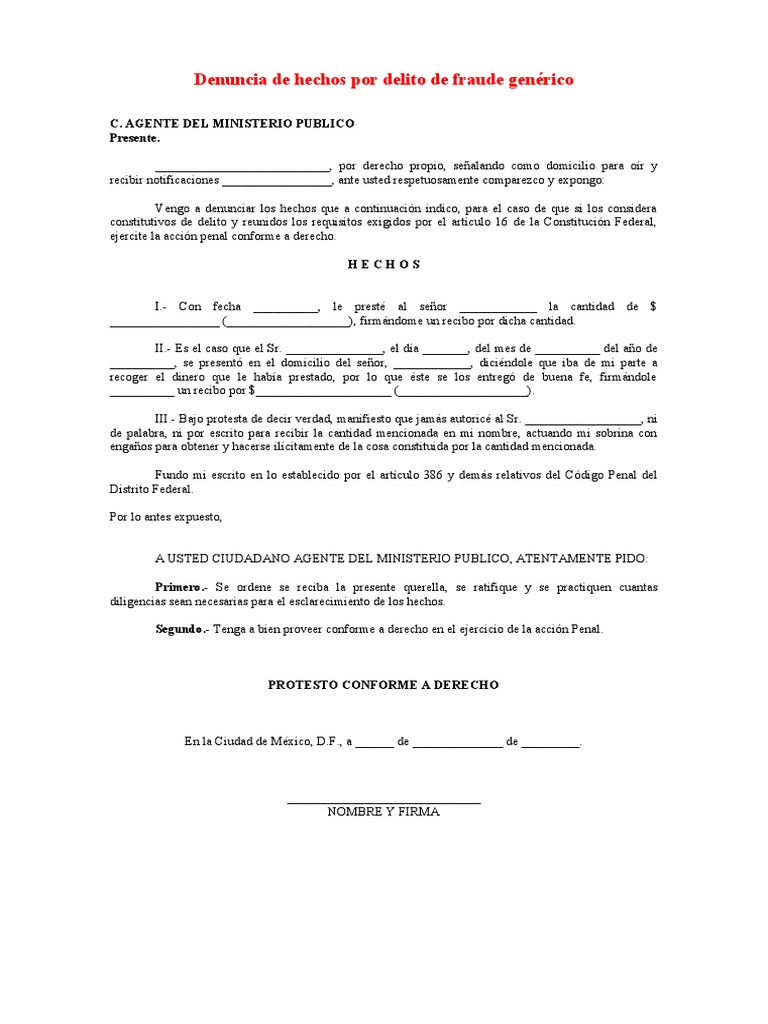 Denuncia de Hechos Por Delito de Fraude Genérico | PDF