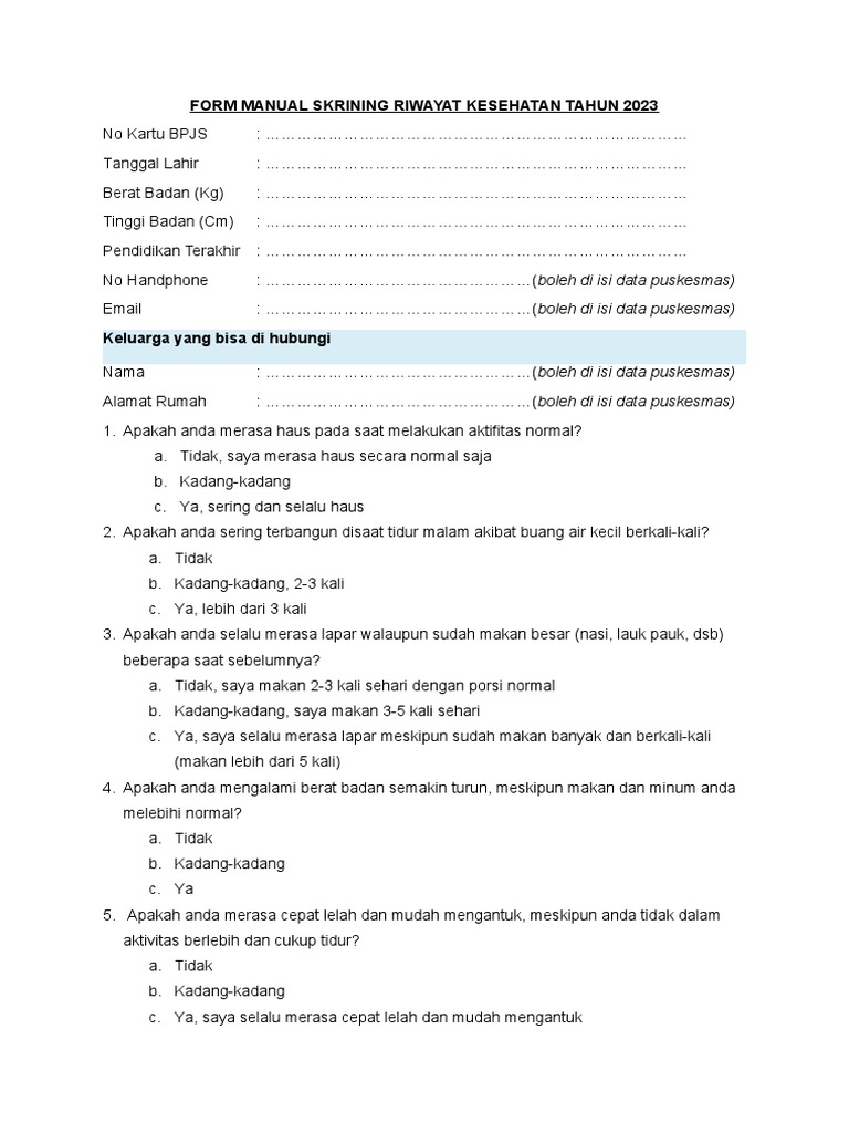 Form Skrining Kesehatan 2023 | PDF