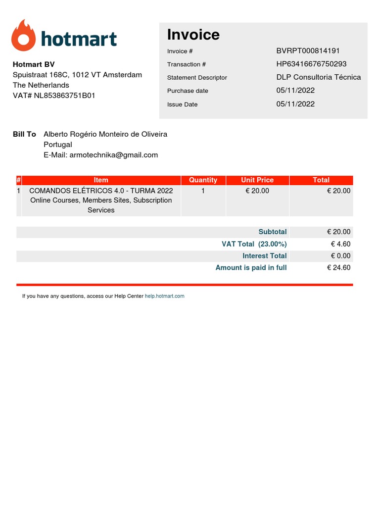 Hotmart Invoice for Online Course Purchase | PDF