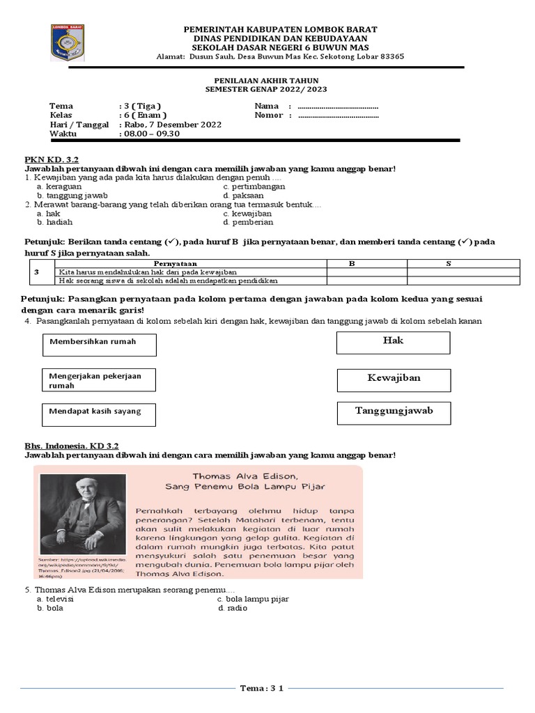 Soal Pas Kelas 6 Tema 3 | PDF