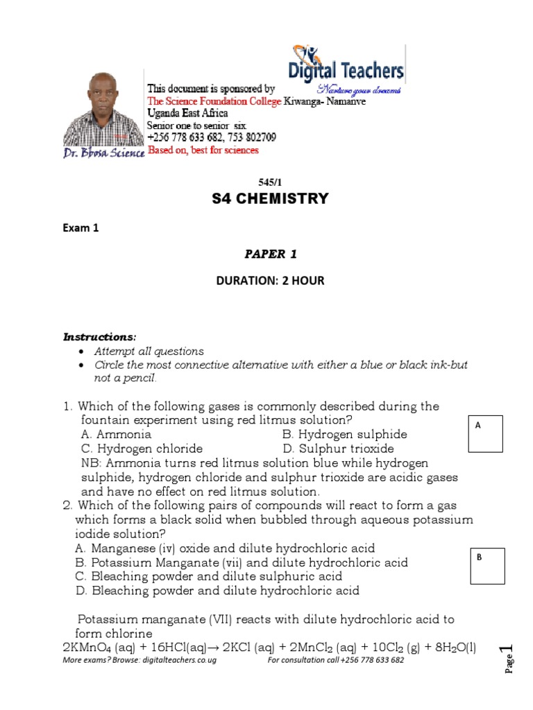 s4 Chemistry Paper 1 Set 1 Marking Guide | PDF | Hydroxide | Chlorine