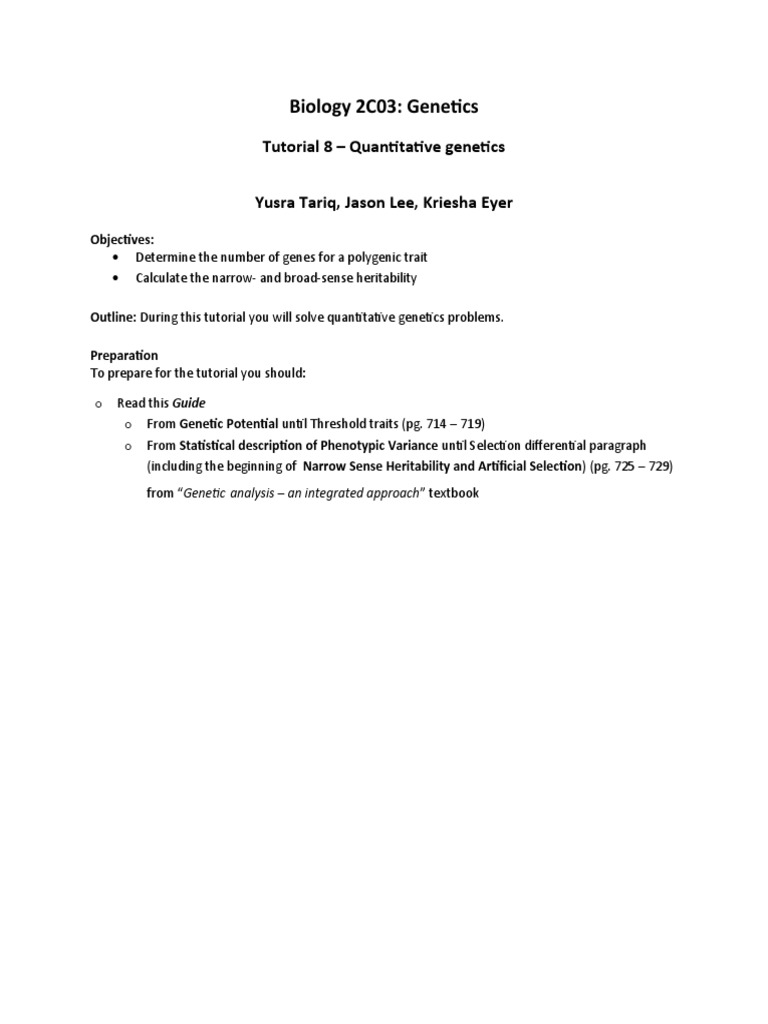 Quantitative Genetics Tutorial Guide | PDF | Heritability | Allele
