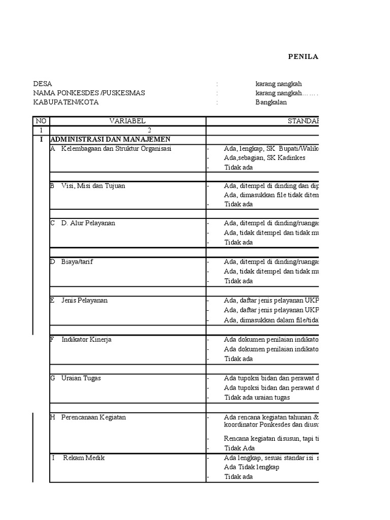 Penilaian Standar Ponkesdes BLEGA | PDF