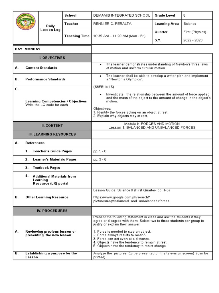 1ST Quarter Science Grade 8 | PDF | Force | Mass
