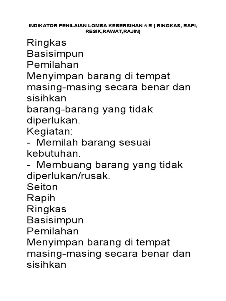 Indikator Penilaian Lomba Kebersihan 5 R | PDF