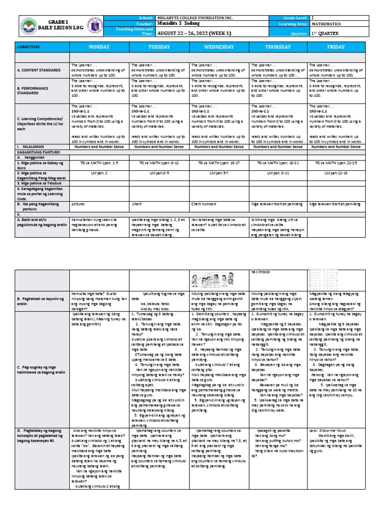 DLL - Mathematics 1 - Q1 - W1 | PDF | Learning | Cognition