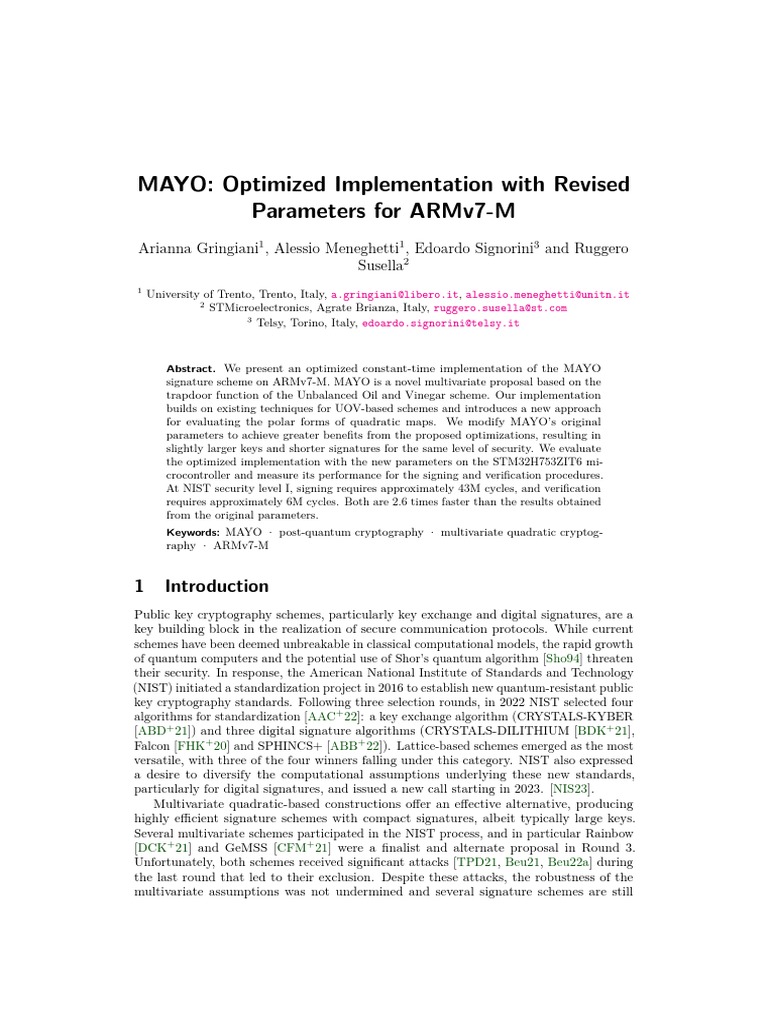 Mayo: Optimized Implementation With Revised Parameters For Armv7-M ...