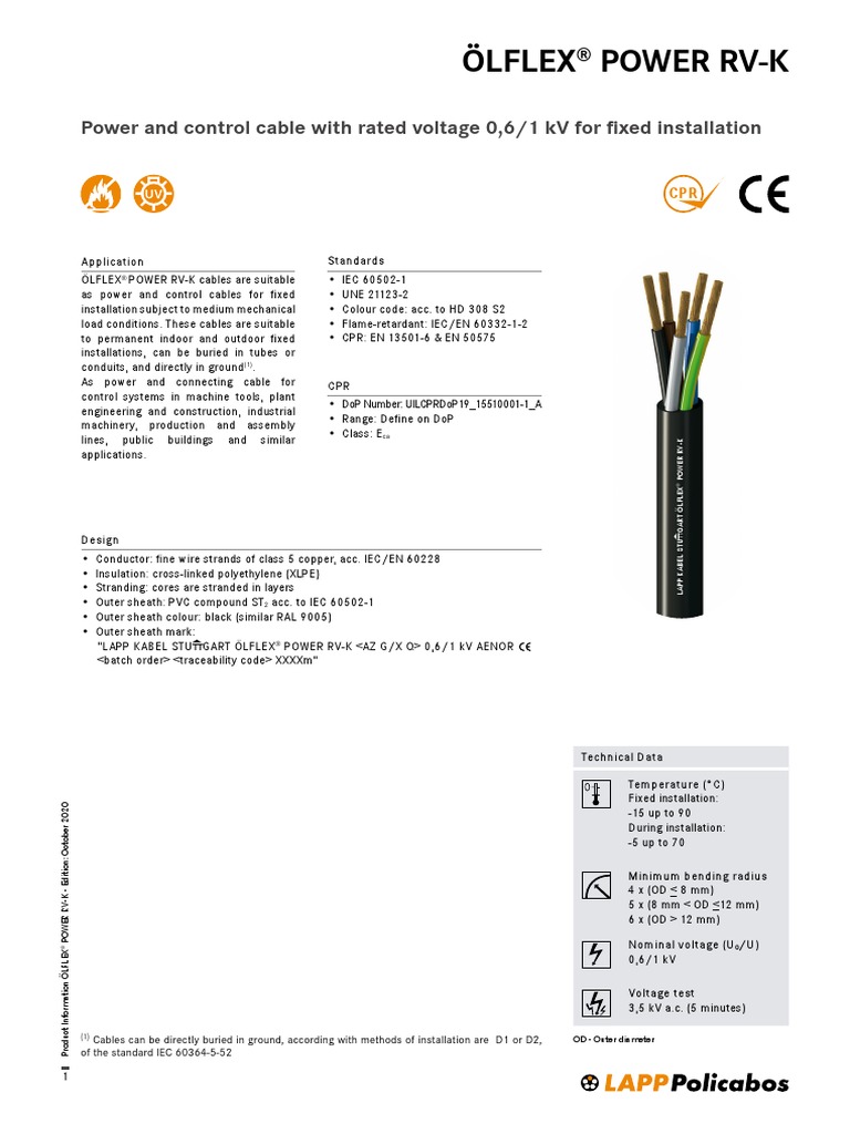 Technical Datasheet - ÖLFLEX POWER RV-K - V6a | PDF | Materials ...