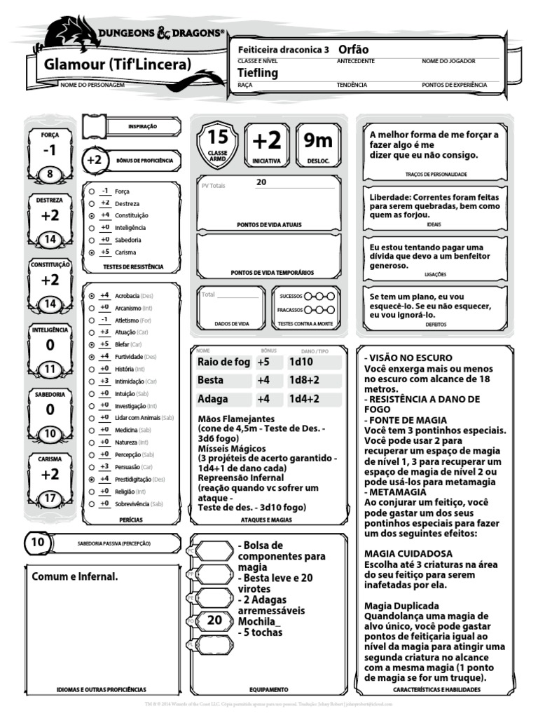 Ficha LVL 3 - Tiefling Feiticeiro | PDF