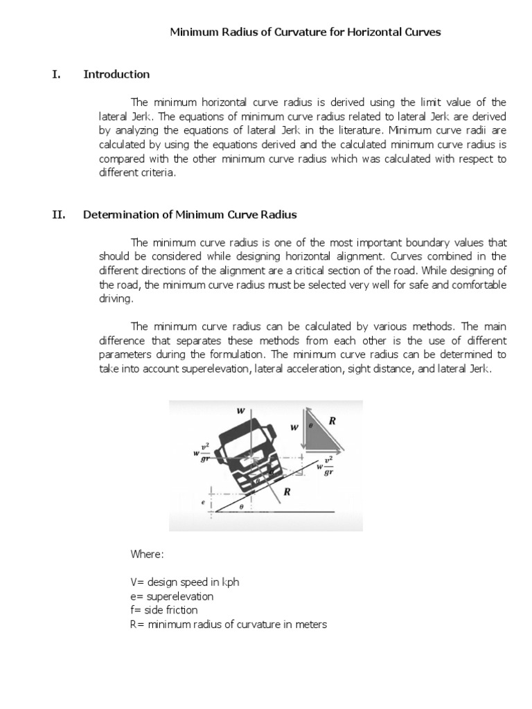 Minimum Radius of Horizontal Curves | PDF | Curvature | Physical Quantities