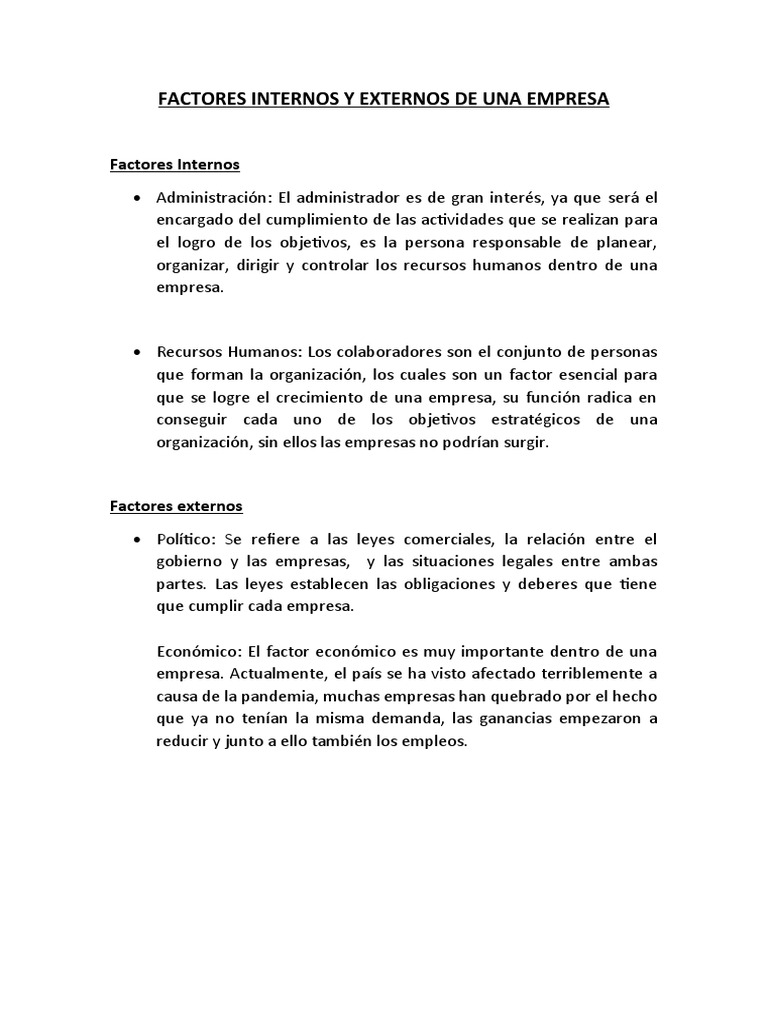 Factores Internos y Externos de Una Empresa | PDF | Negocios