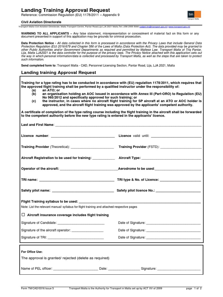 TMCAD 316 Issue 5 - Request for Landing training Approval | PDF