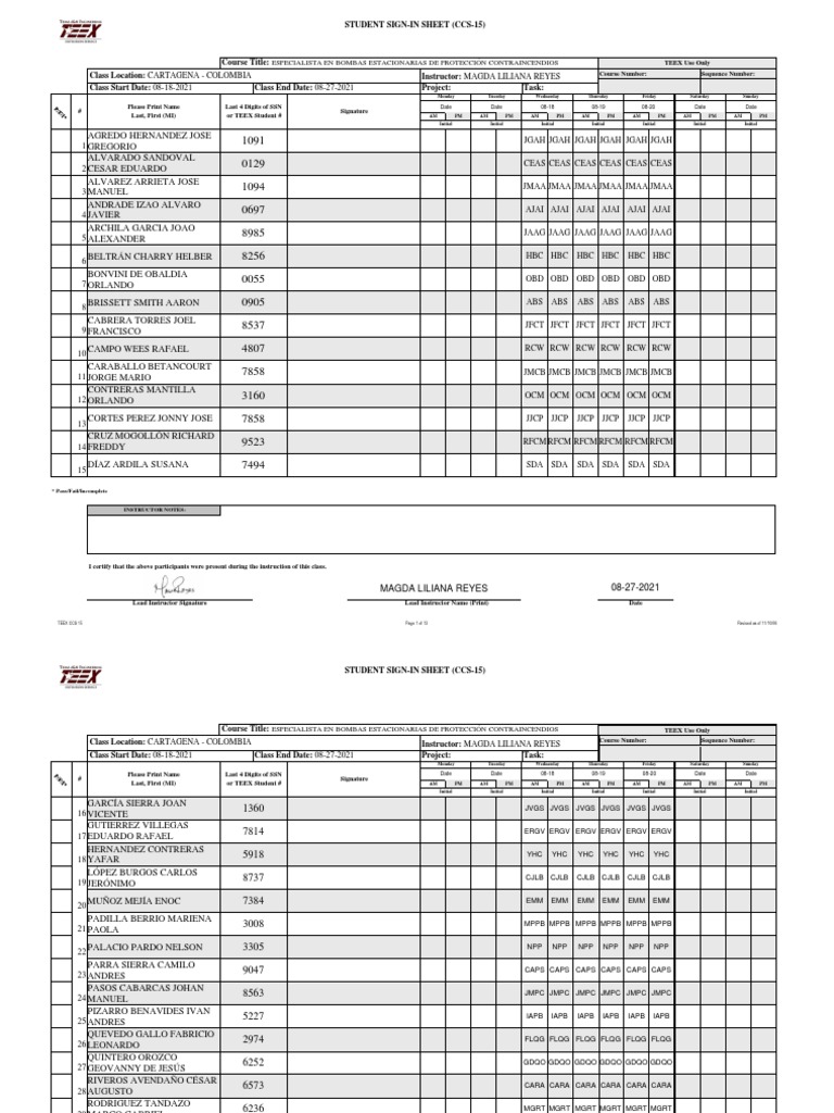 Participant Sign in Sheet - Semana 1 Parte 1 | PDF