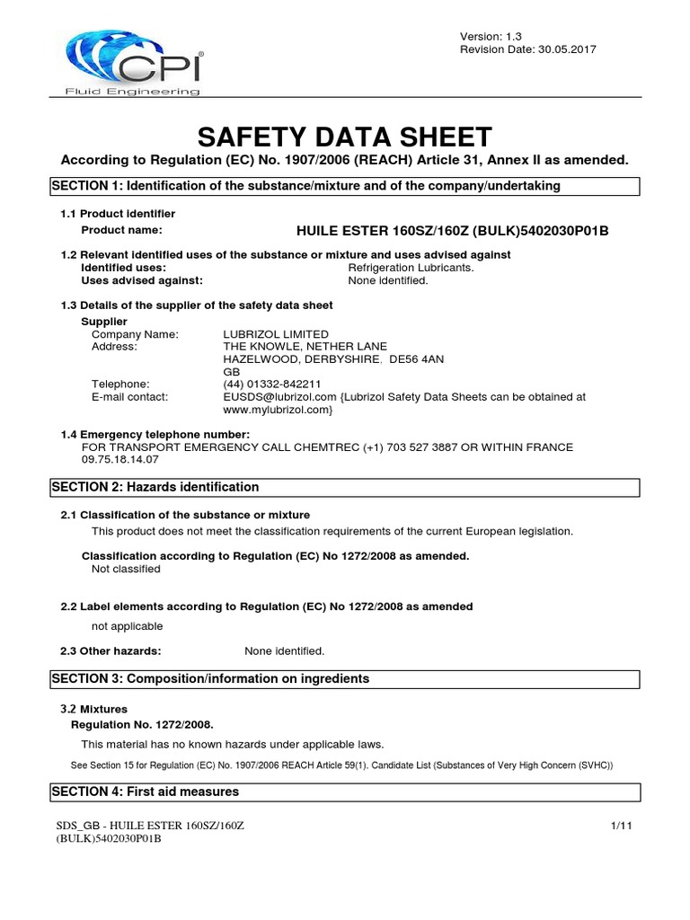 Danfoss Maneurop Safety Data Sheet Polyolester Oil 160SZ 160Z English ...