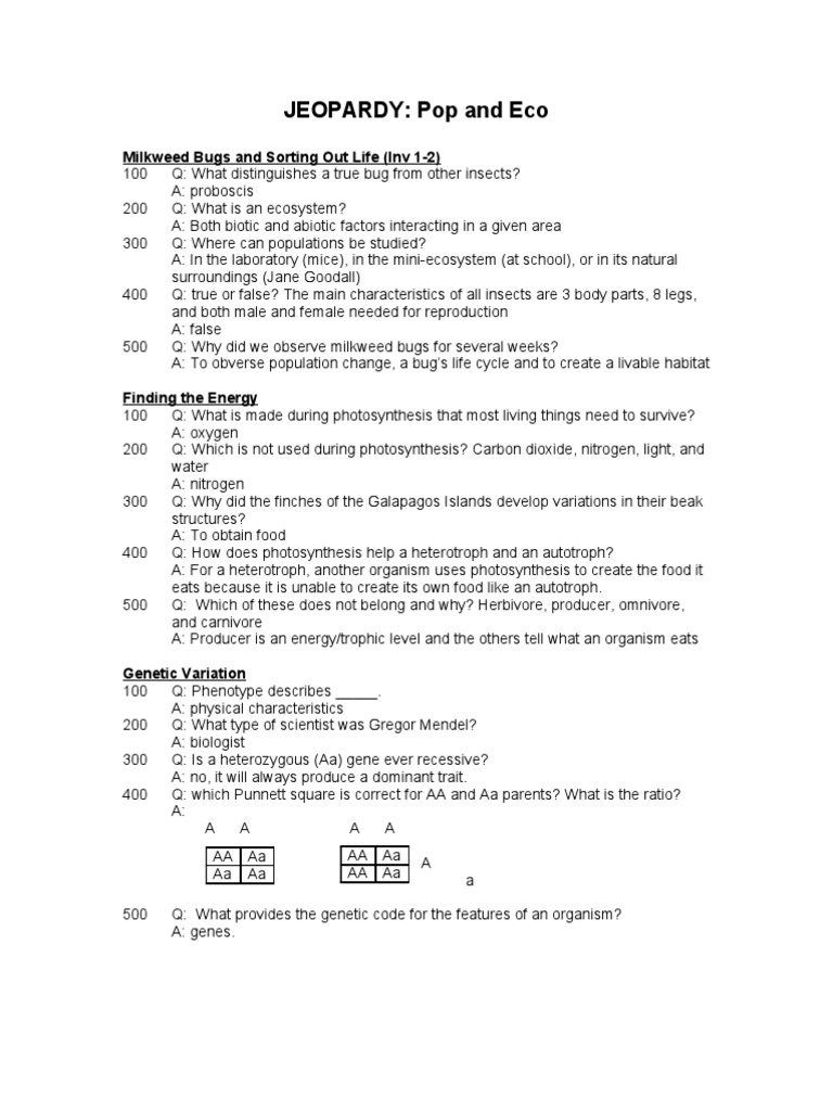 Jeopardy: Ecology and Genetics Quiz | PDF | Heredity | Reproduction