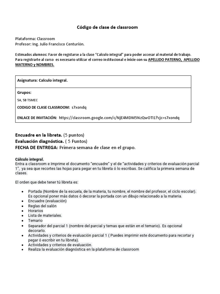 Codigo Classroom Cal Integral. | PDF