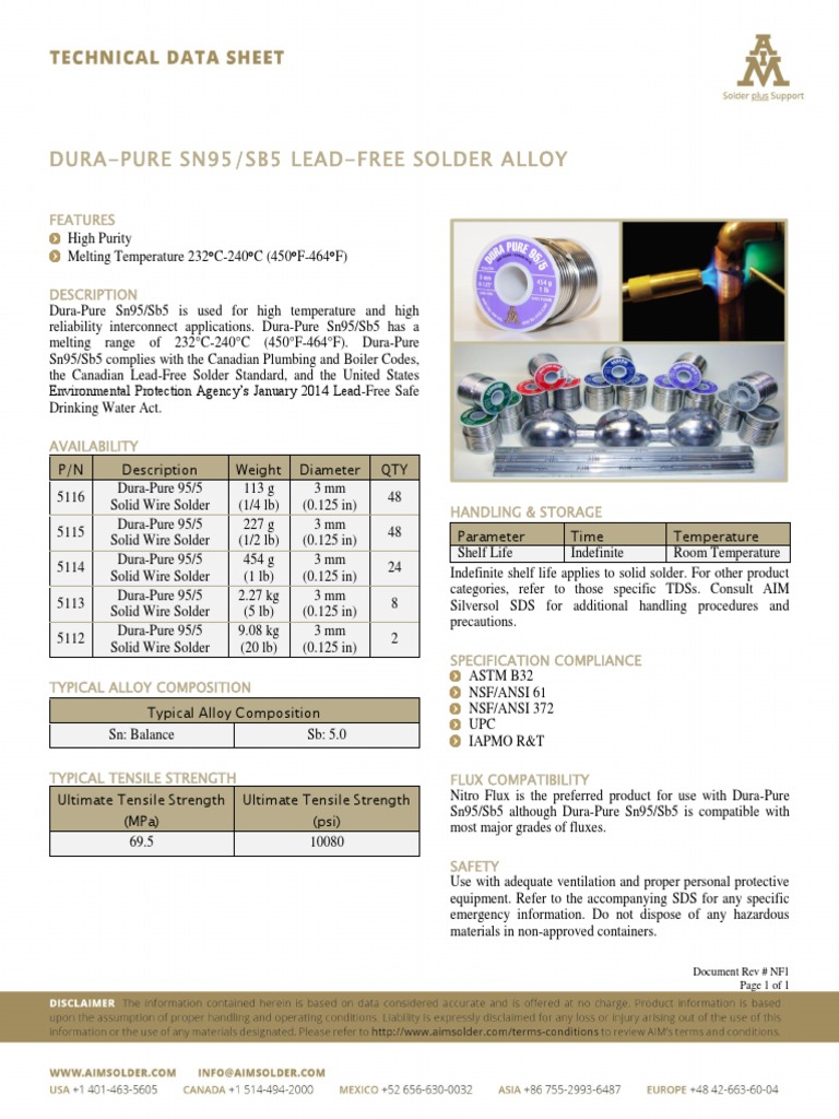 Tds Dura-Pure sn95-sb5 | PDF | Solder | Secondary Sector Of The Economy