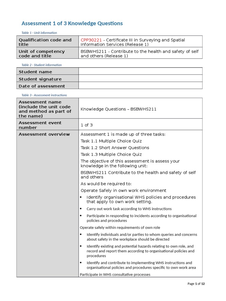 BSBWHS211 Questions | PDF | Occupational Safety And Health | Safety