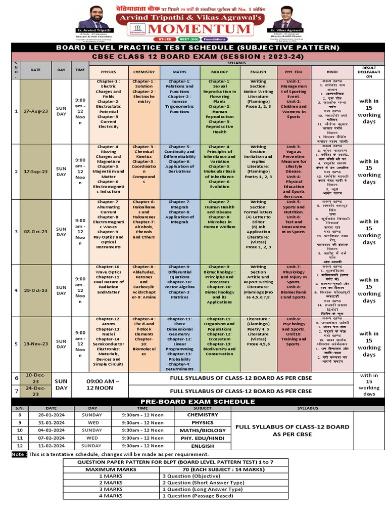 CBSE Class 12 Board Exam Schedule 2023-24 | PDF | Physical Sciences ...