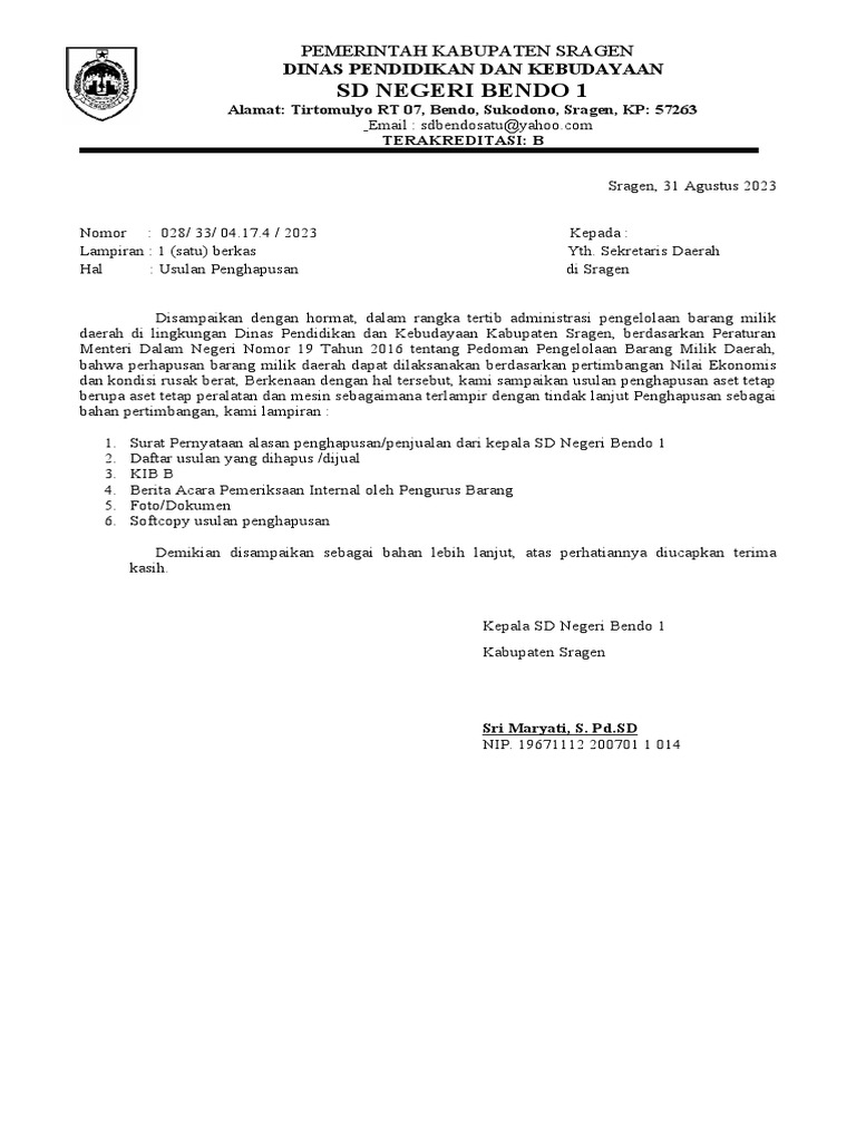 Usulan Penghapusan Aset SD Bendo 1 | PDF