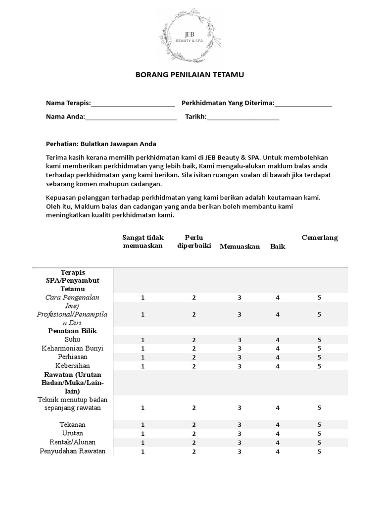 Borang Penilaian Tetamu JEB Beauty & SPA | PDF
