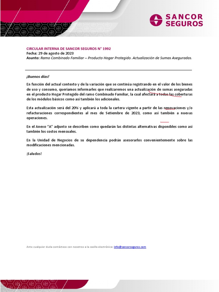 Circular Sancor Seguros Actualizacion Hogar Protegdo Set 23 | PDF