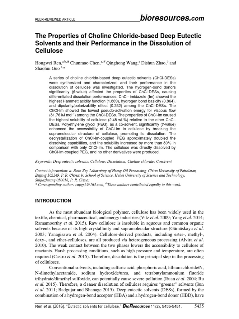 The Properties of Choline Chloride Based DES and Their Performance in ... The Properties of Choline Chloride Based DES and Their Performance in ...