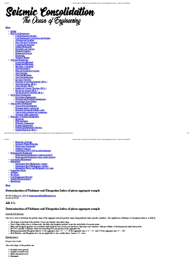 Determination of Flakiness and Elongation Index of Given Aggregate Sample - Seismic ...
