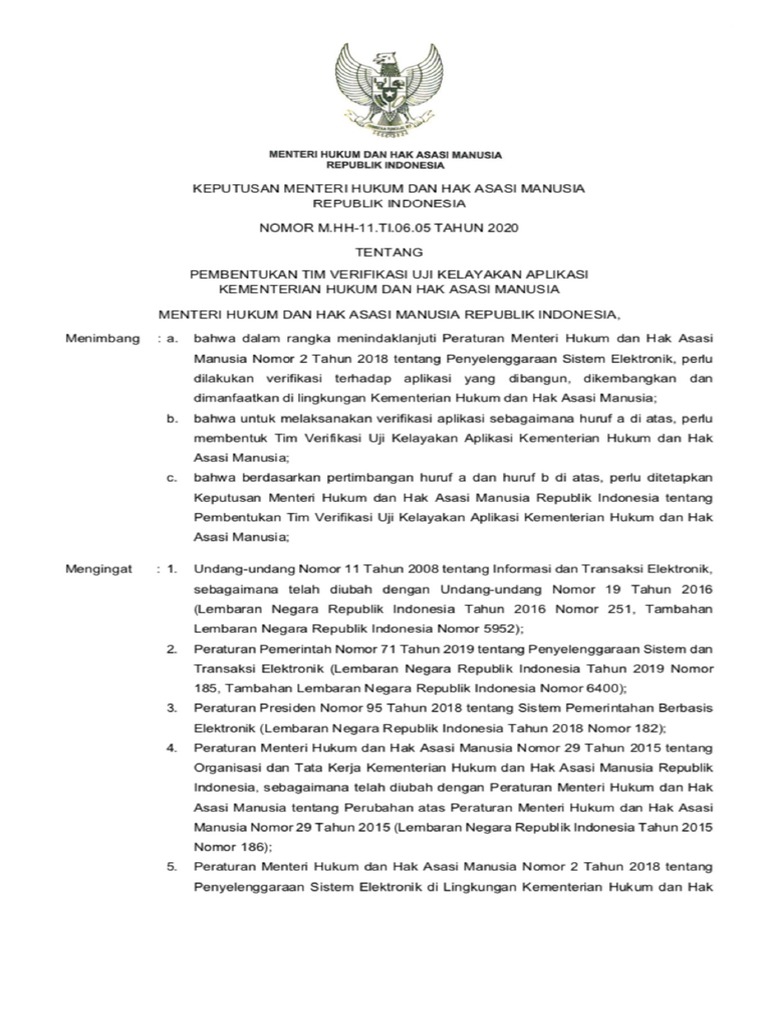 Kepmenkumham No M.HH-11.TI.06.05 TH 2021 TTG Tim Verifikasi Uji Kelayakan Aplikasi | PDF