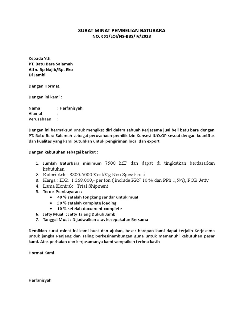 Surat Minat Pembelian Batubara | PDF | Teknologi & Rekayasa