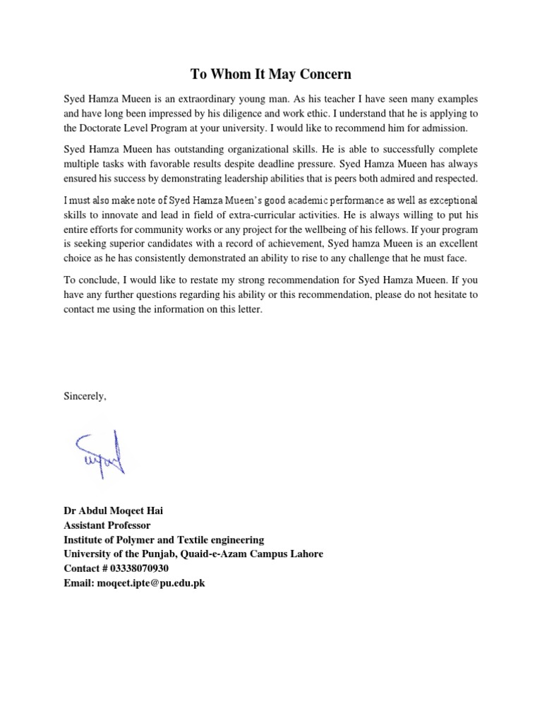 Mueen - Syed Hamza - Reference Letter | PDF