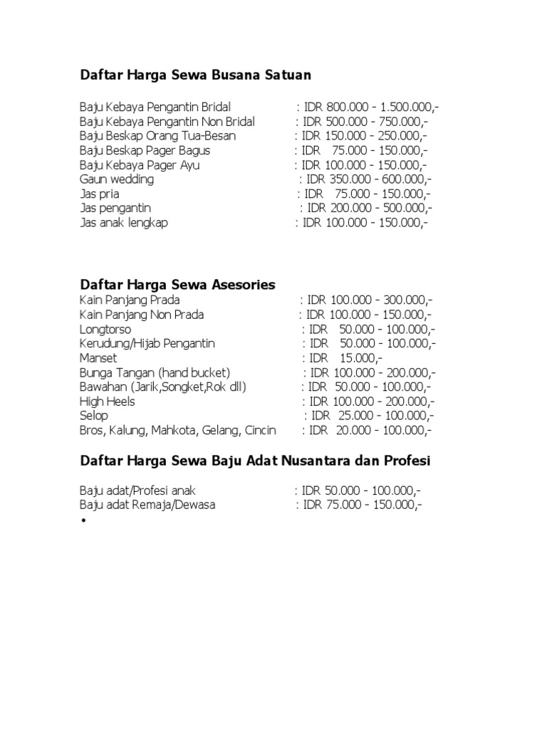 Harga Sewa Baju Pengantin dan Adat | PDF | Griya & Taman | Gaya Hidup