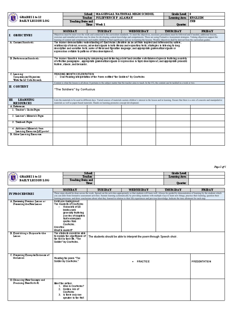 DLL-ENG8-2NDQ-1st-week Edited | PDF | Learning | Teachers