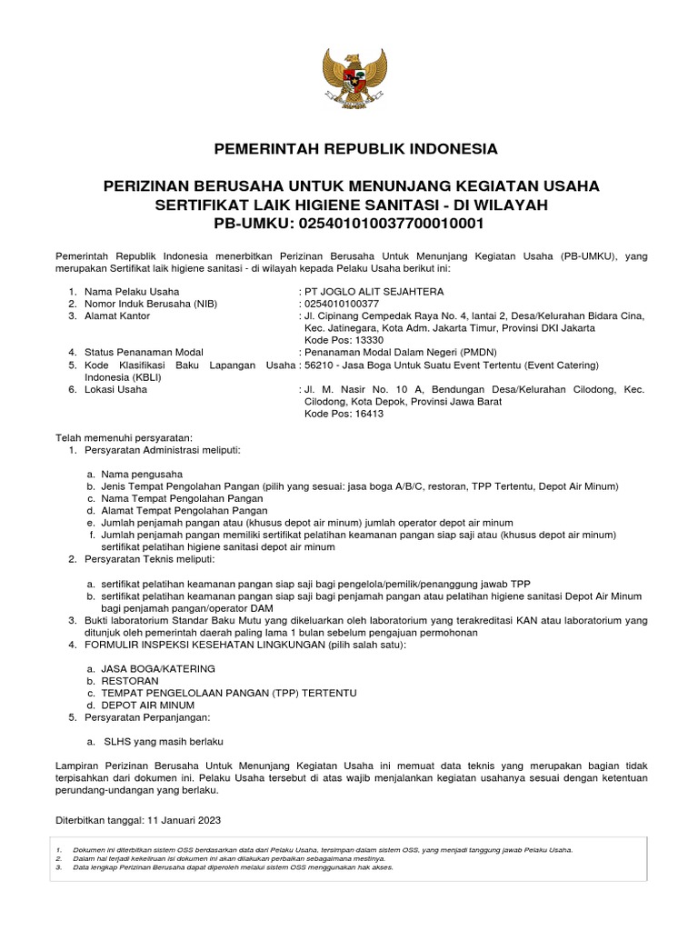 Sertifikat Laik Higiene Sanitasi PT JAS | PDF