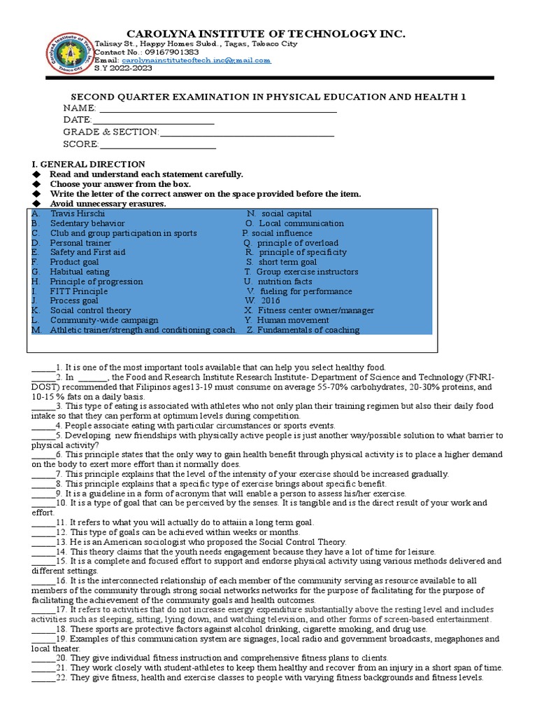 Physical Education Exam - S.Y. 2022-2023 | PDF | Physical Fitness ...